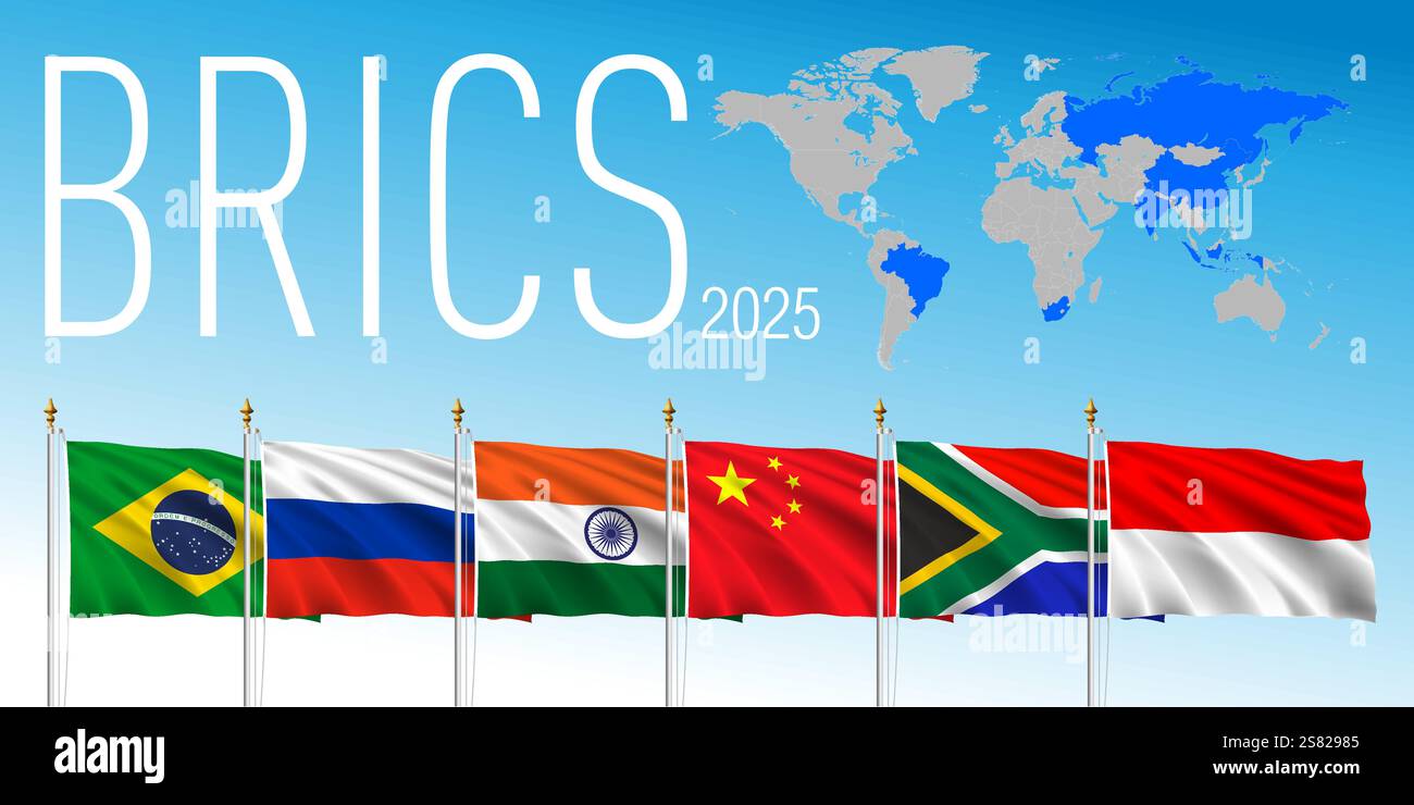 BRICS summit 2025, flags of the countries and new map, coloured vector illustration Stock Vector ...