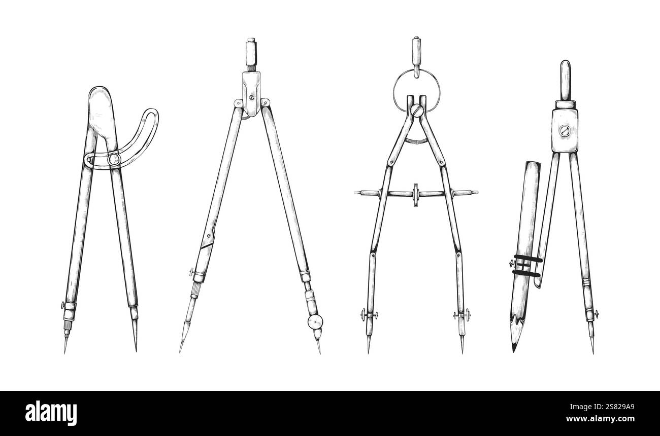 Vintage compass. Sketch stationery. Math education. Architecture tool ...