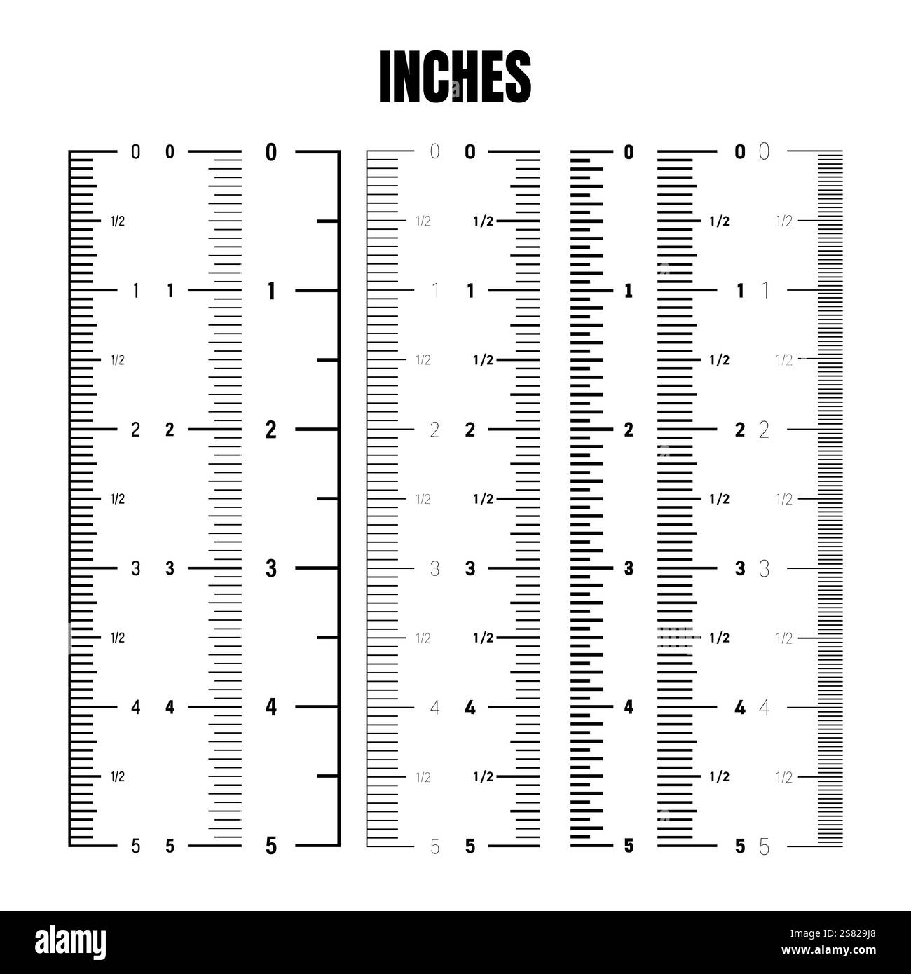 Vertical inch scale for measuring length or height. Various measurement ...