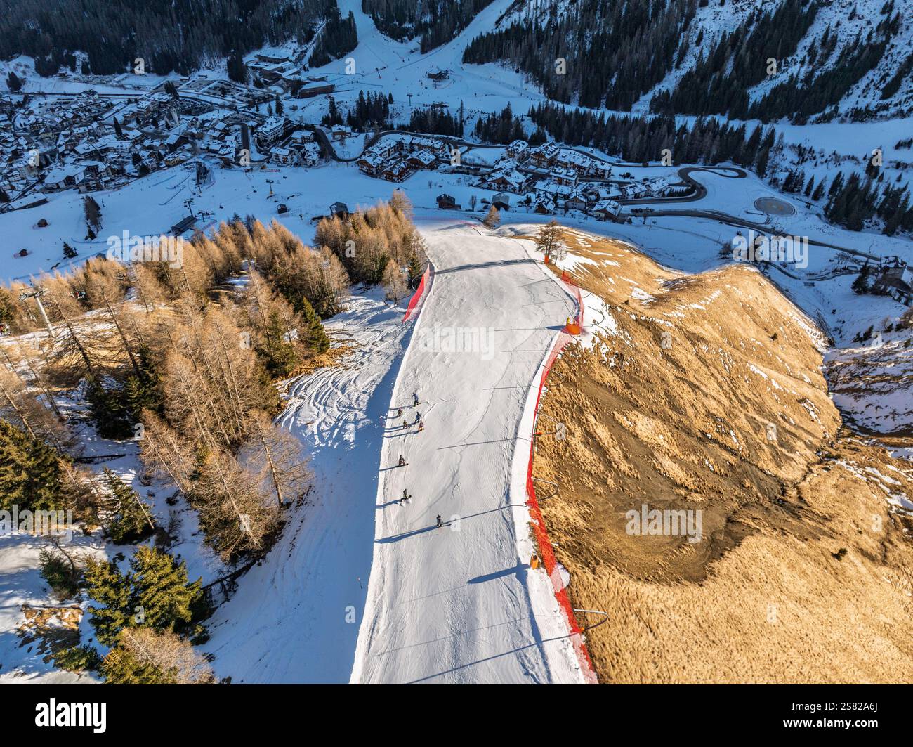 Sella Ronda group. Italian Dolomites drone aerial view in winter snow ...