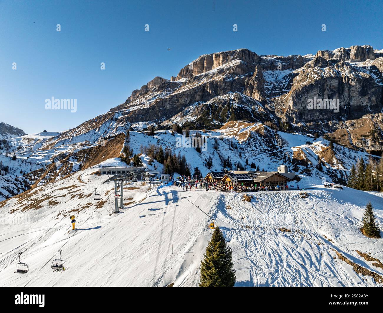 Sella Ronda group. Italian Dolomites drone aerial view in winter snow ...