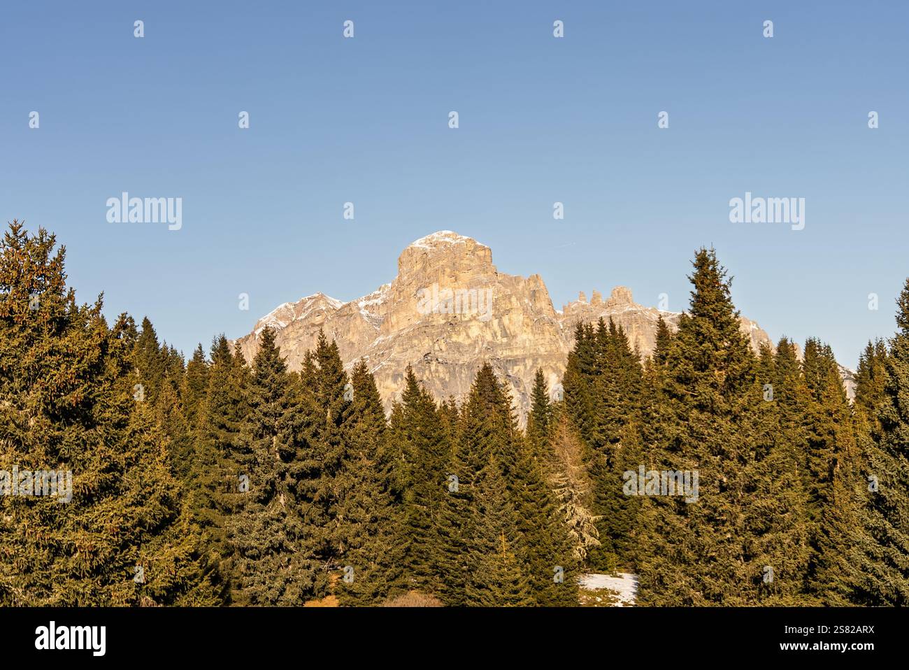 Sella Ronda group. Italian Dolomites drone aerial view in winter snow ...