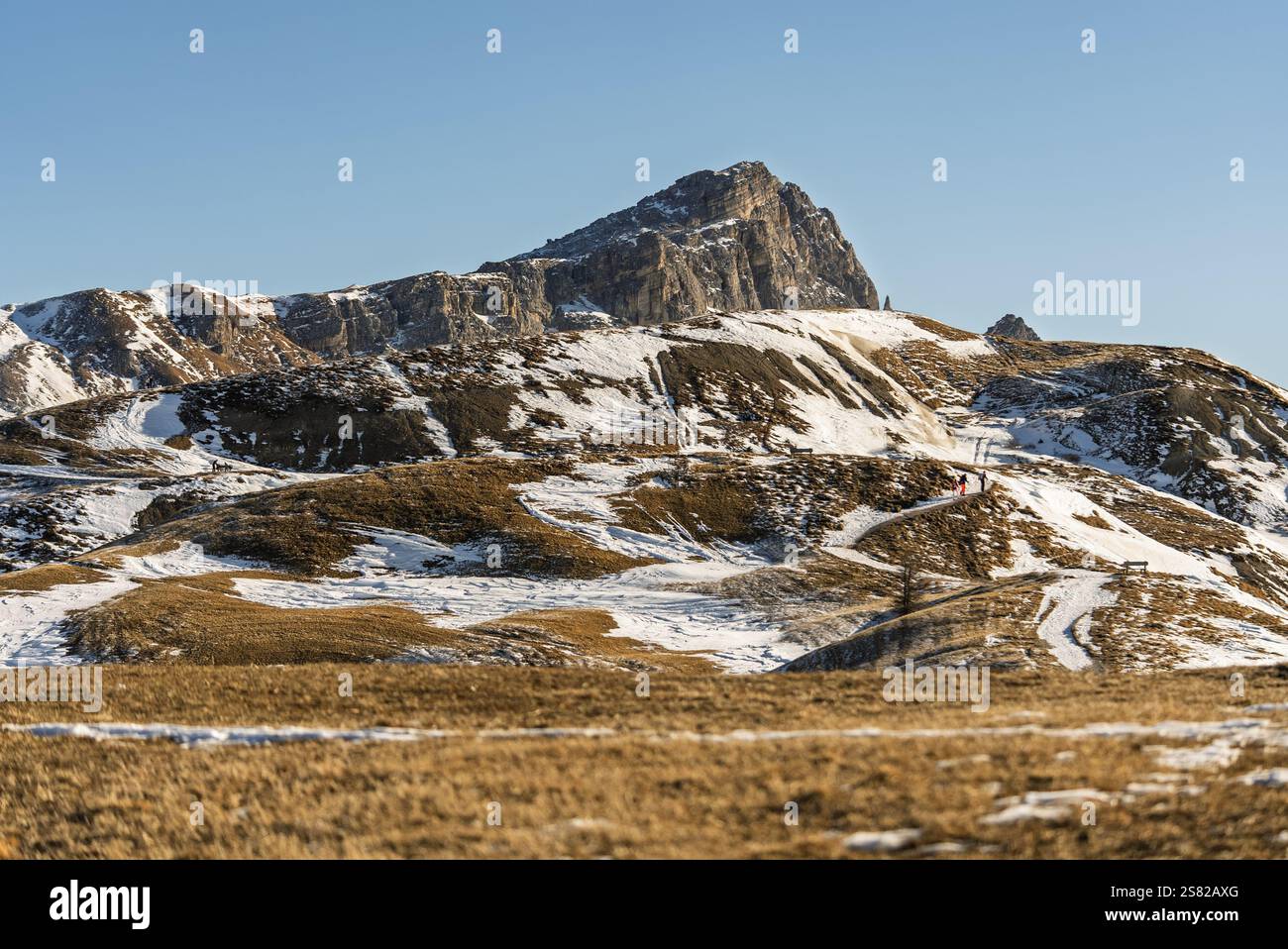 Sella Ronda group. Italian Dolomites drone aerial view in winter snow ...