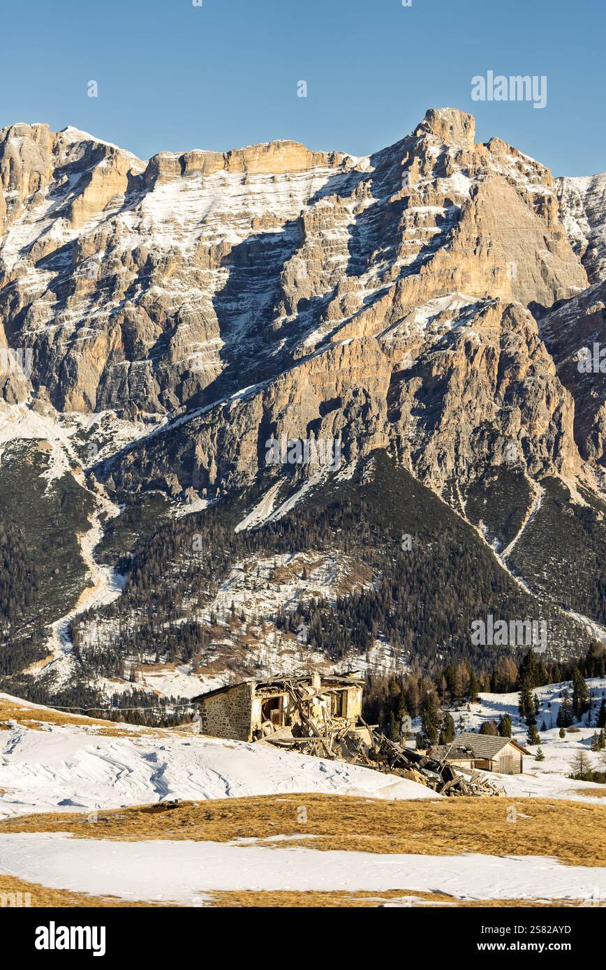 Sella Ronda group. Italian Dolomites drone aerial view in winter snow ...