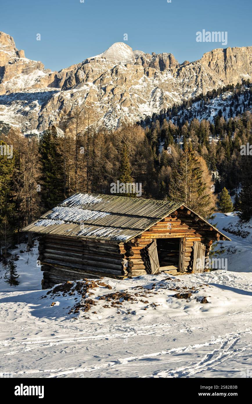Sella Ronda group. Italian Dolomites drone aerial view in winter snow ...