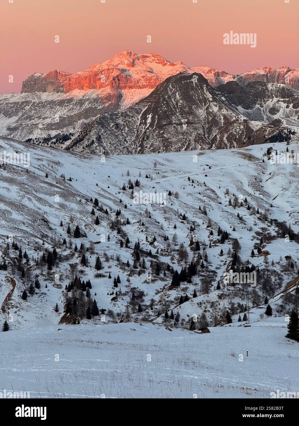 Sella Ronda group. Italian Dolomites drone aerial view in winter snow ...