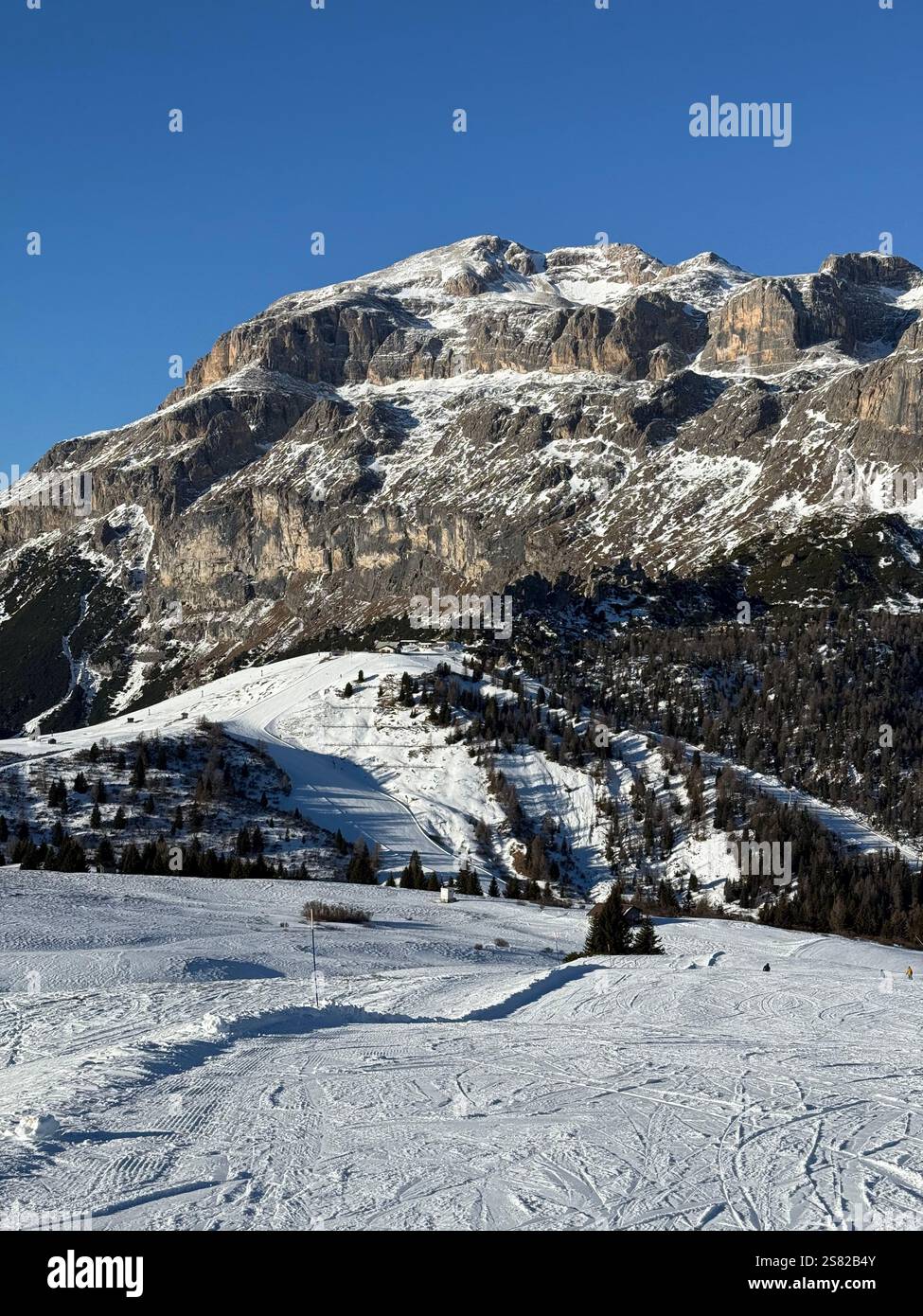 Sella Ronda group. Italian Dolomites drone aerial view in winter snow ...
