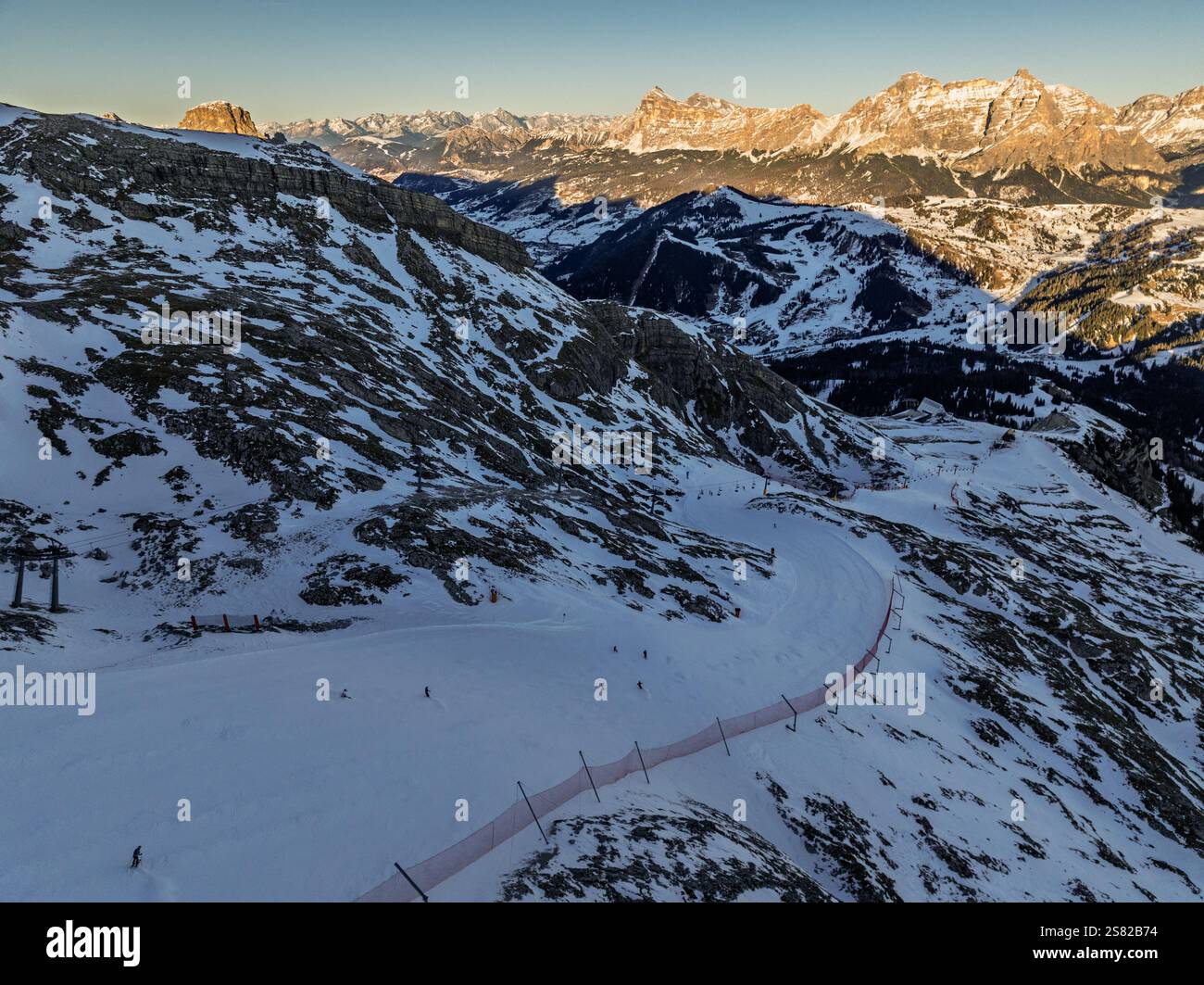Sella Ronda group. Italian Dolomites drone aerial view in winter snow ...