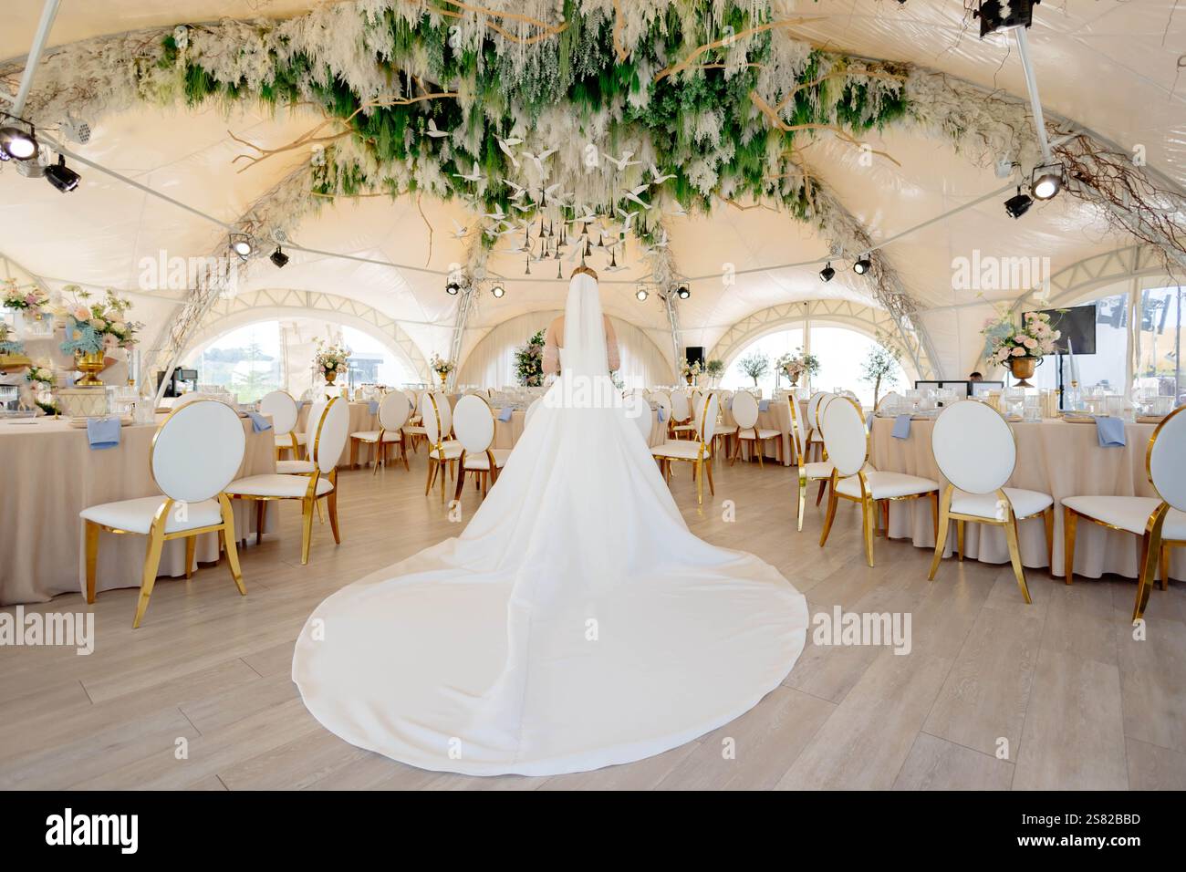 Rear view of bride wearing elegant white wedding dress standing in ...
