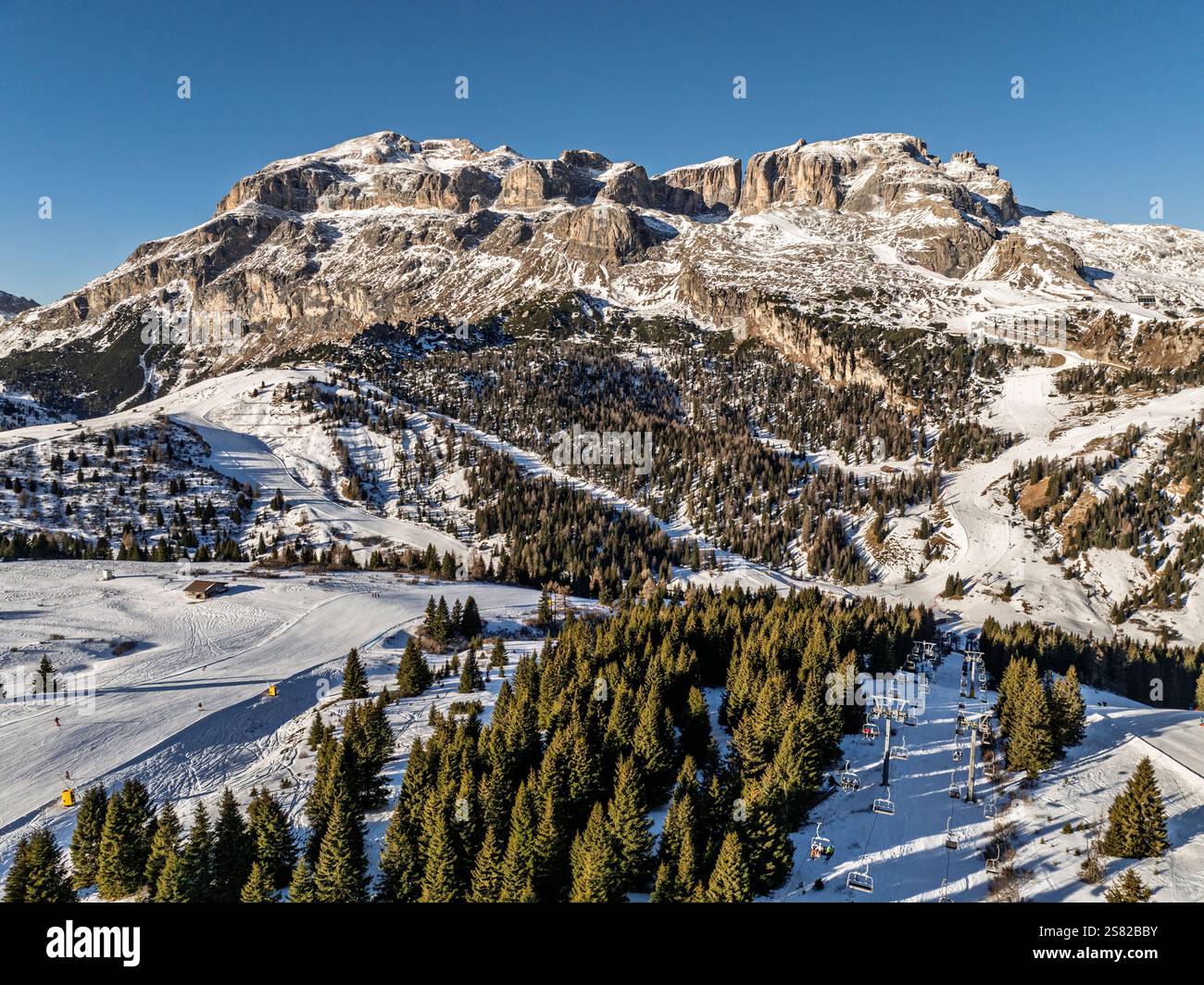 Sella Ronda group. Italian Dolomites drone aerial view in winter snow ...