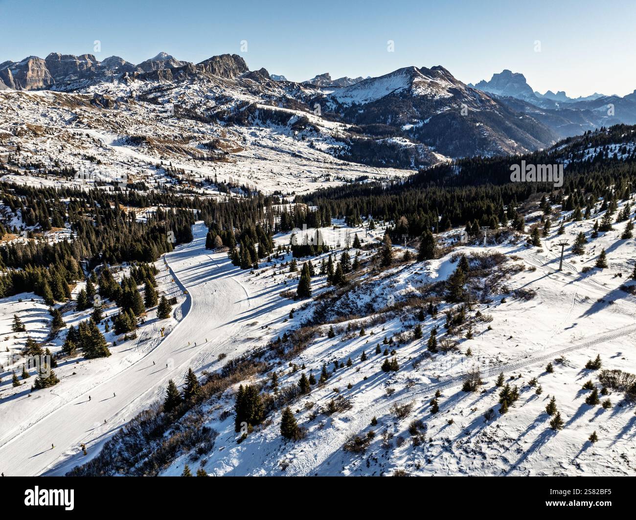 Sella Ronda group. Italian Dolomites drone aerial view in winter snow ...