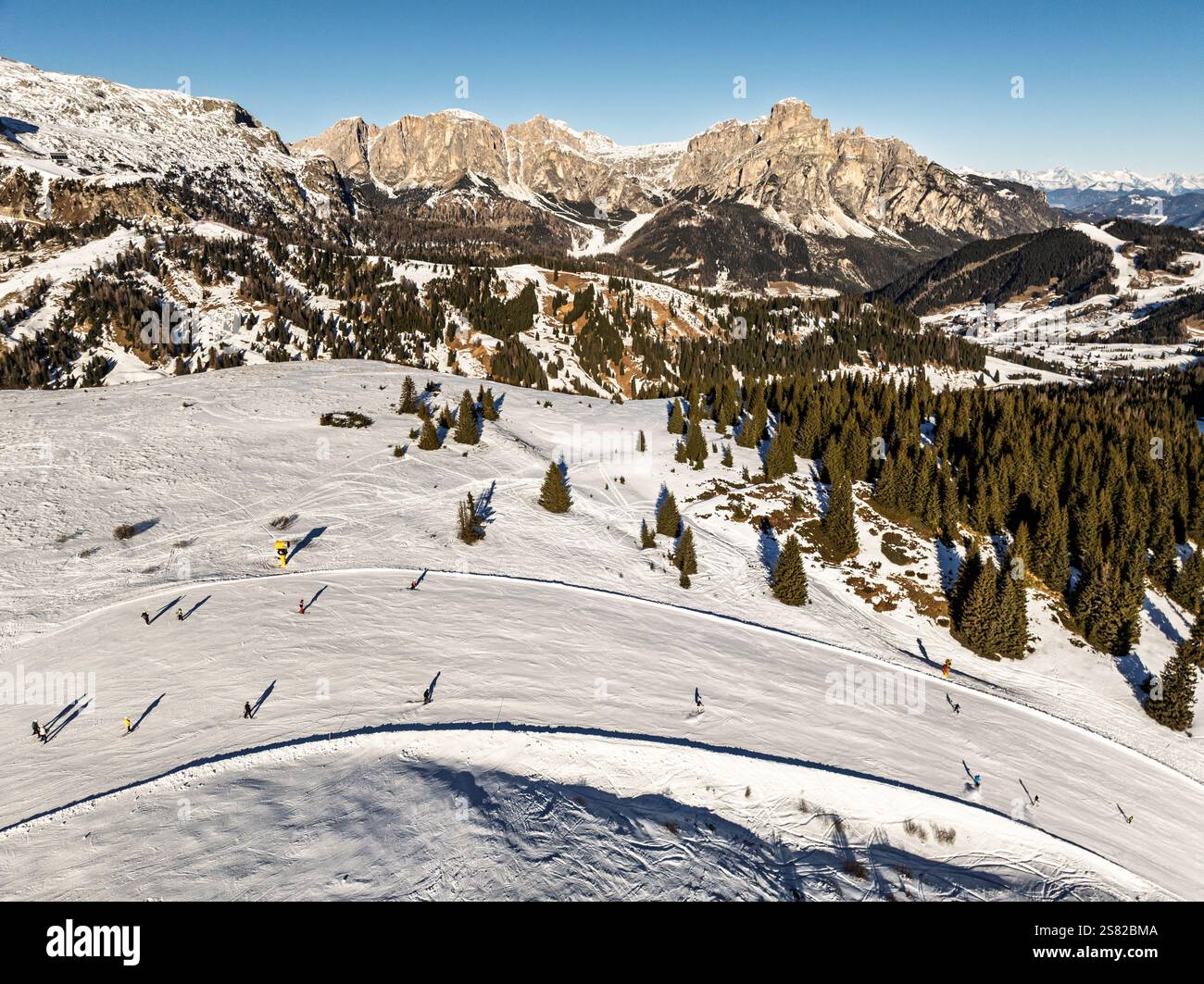 Sella Ronda group. Italian Dolomites drone aerial view in winter snow ...