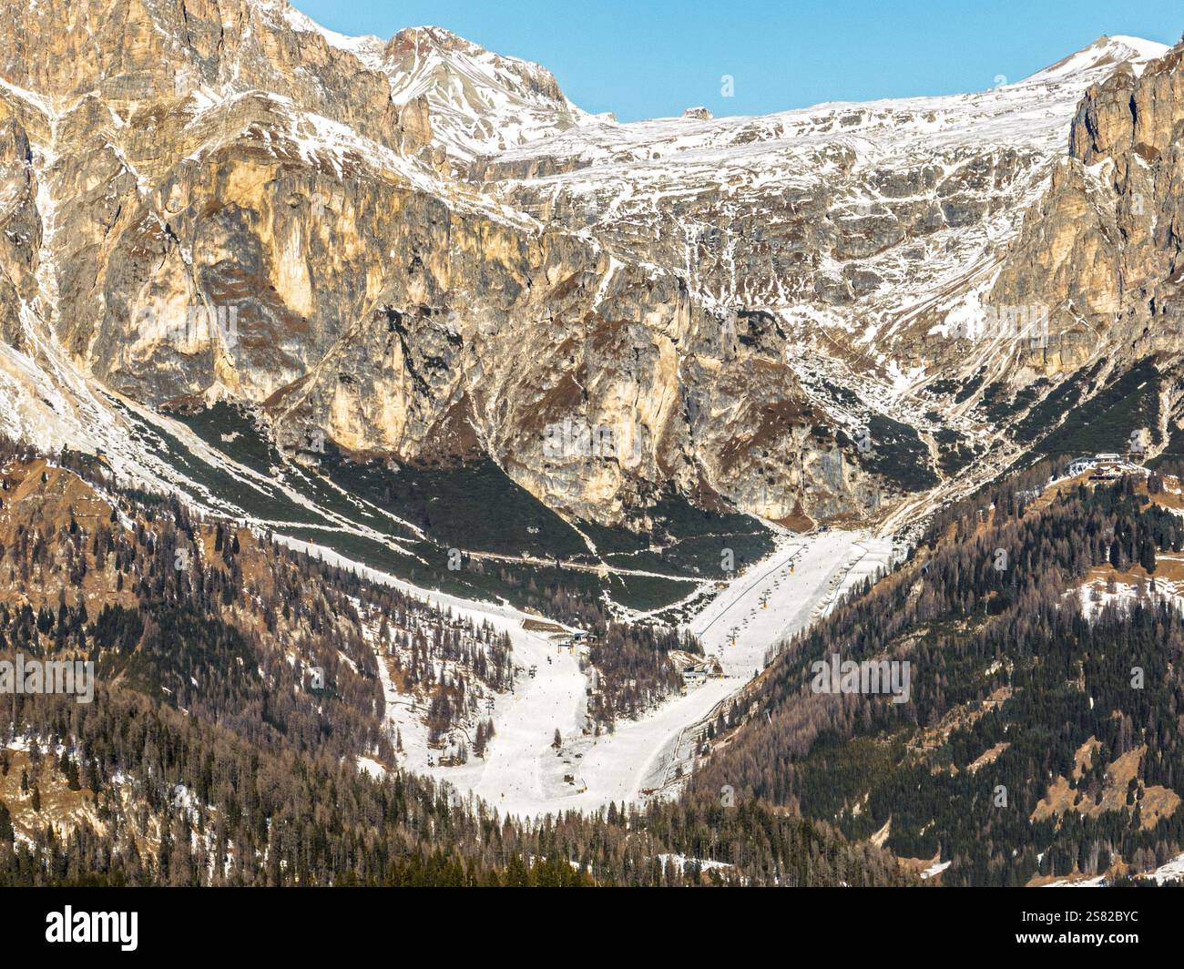 Sella Ronda group. Italian Dolomites drone aerial view in winter snow ...