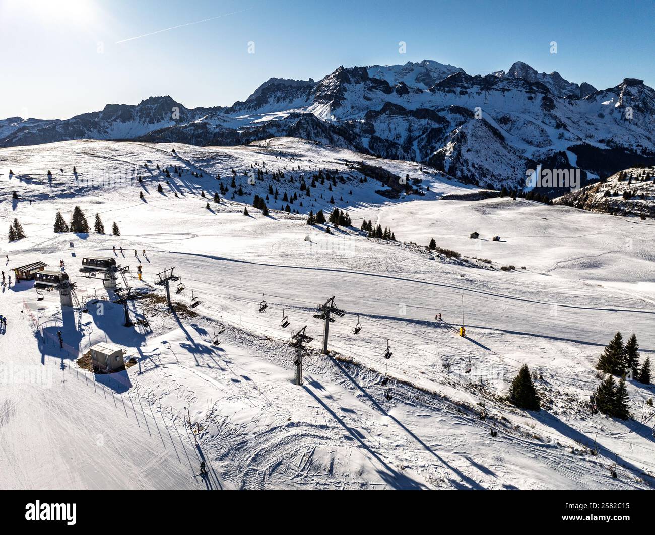 Sella Ronda group. Italian Dolomites drone aerial view in winter snow ...