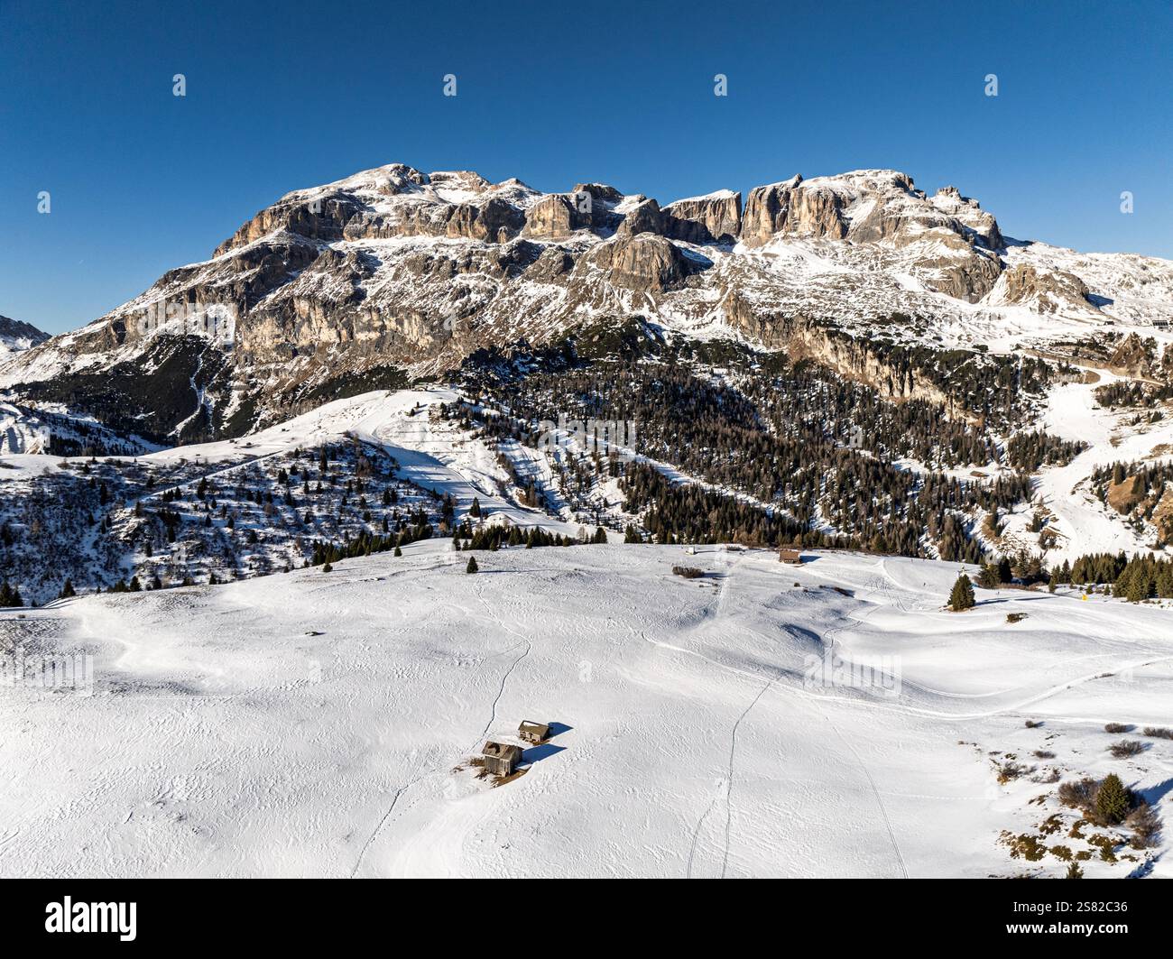 Sella Ronda group. Italian Dolomites drone aerial view in winter snow ...