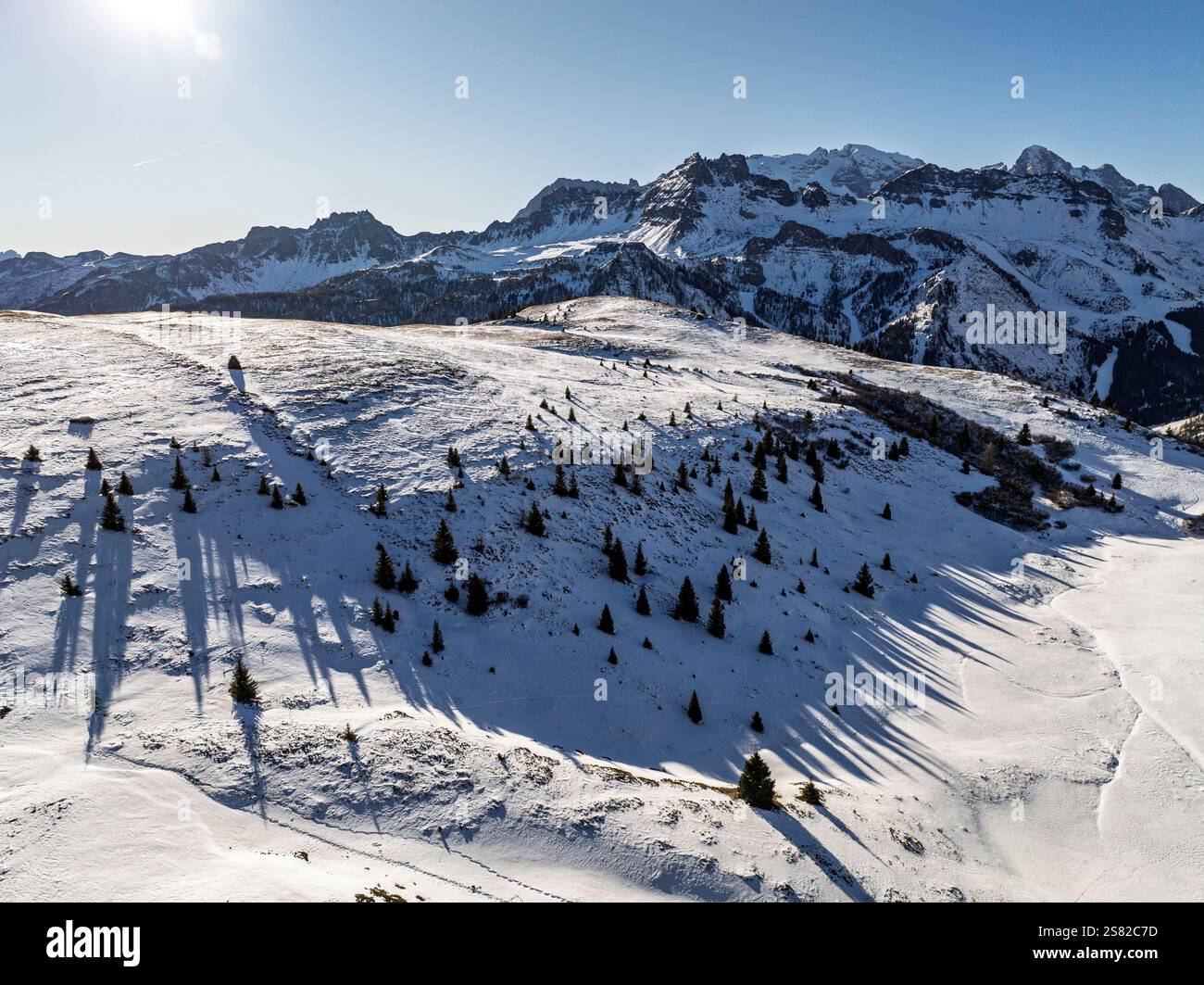Sella Ronda group. Italian Dolomites drone aerial view in winter snow ...