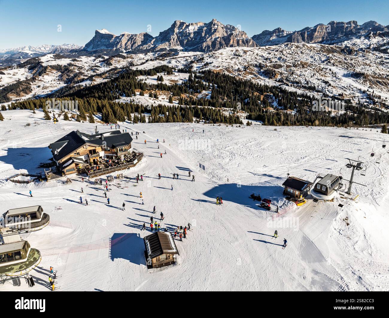 Sella Ronda group. Italian Dolomites drone aerial view in winter snow ...