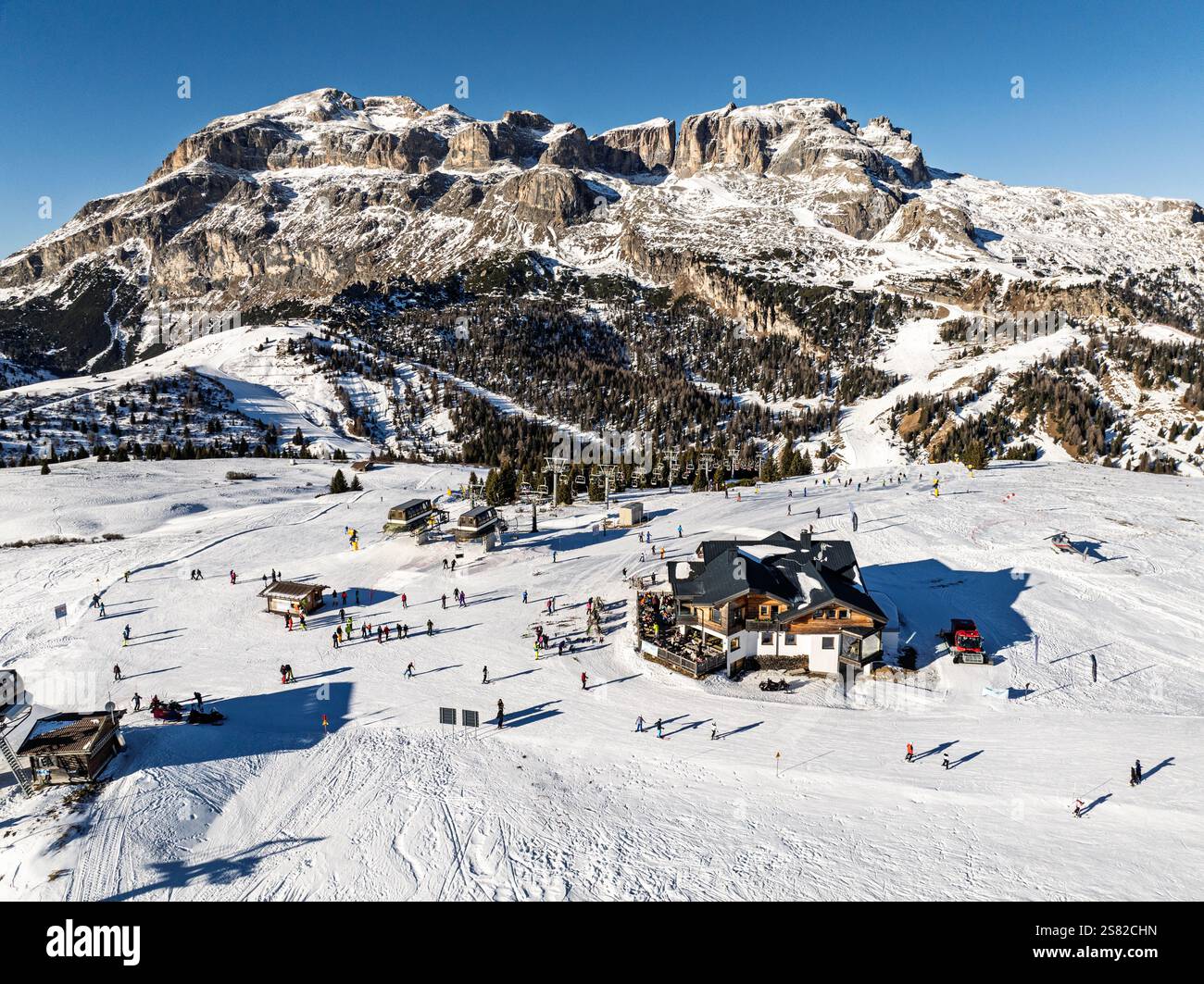 Sella Ronda group. Italian Dolomites drone aerial view in winter snow ...