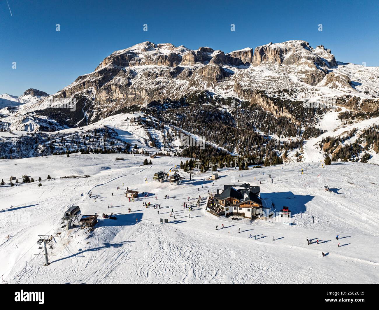 Sella Ronda group. Italian Dolomites drone aerial view in winter snow ...