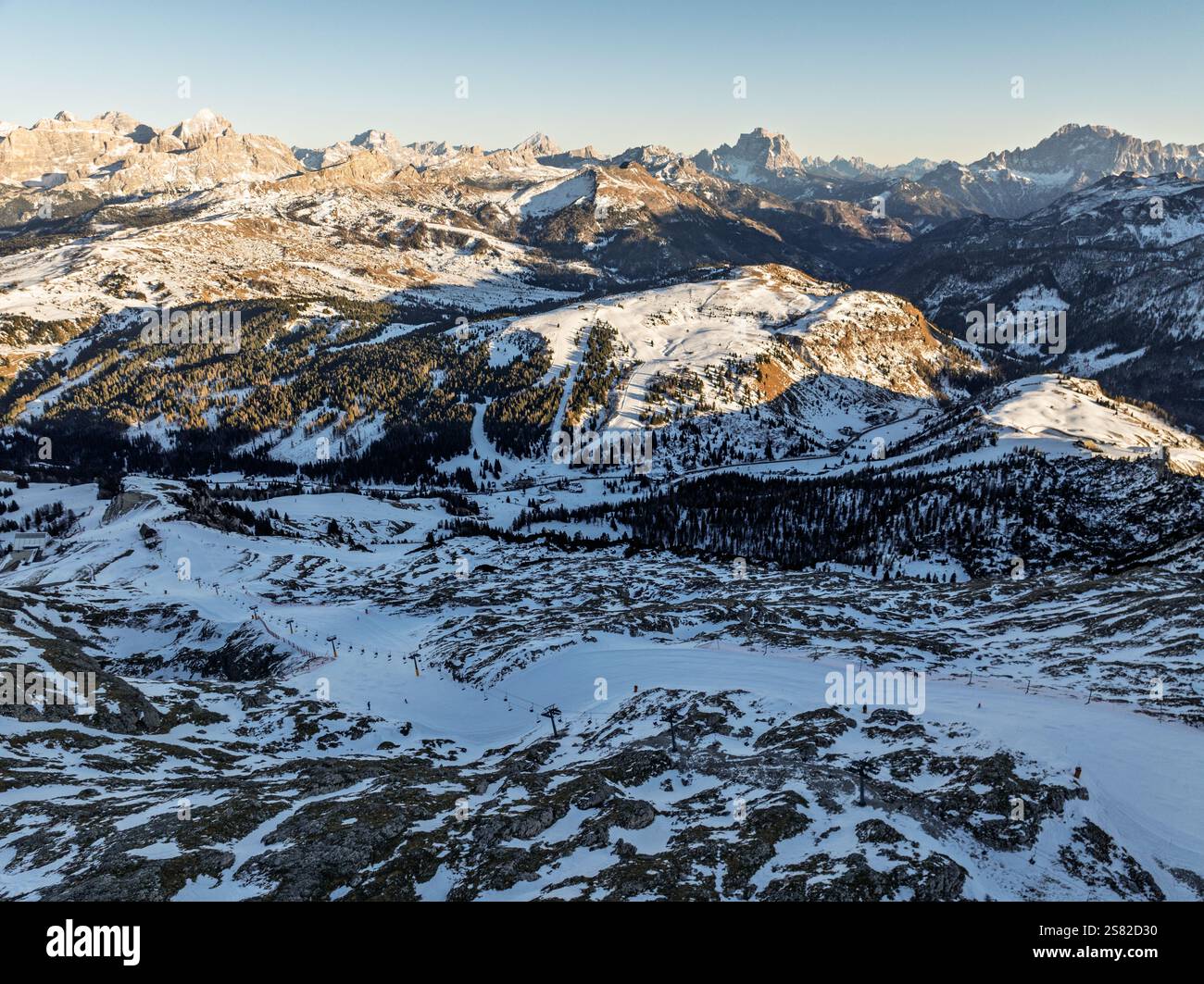 Sella Ronda group. Italian Dolomites drone aerial view in winter snow ...