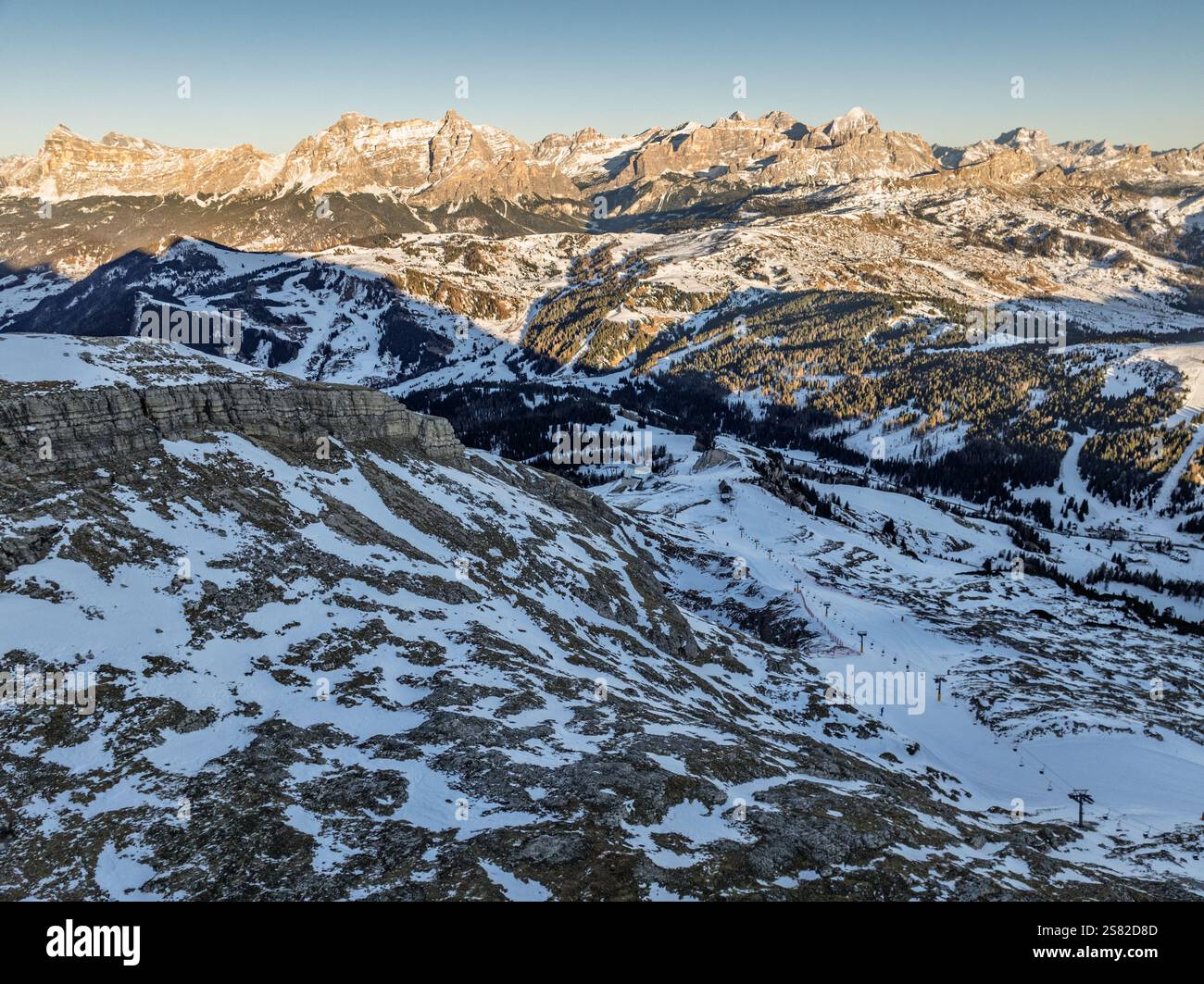 Sella Ronda group. Italian Dolomites drone aerial view in winter snow ...
