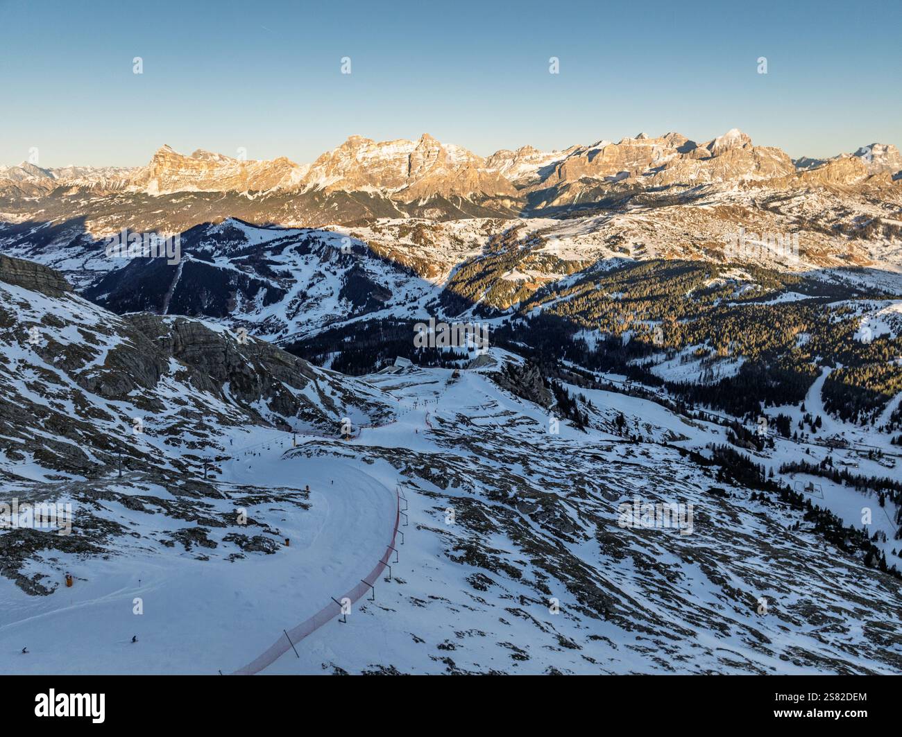 Sella Ronda group. Italian Dolomites drone aerial view in winter snow ...