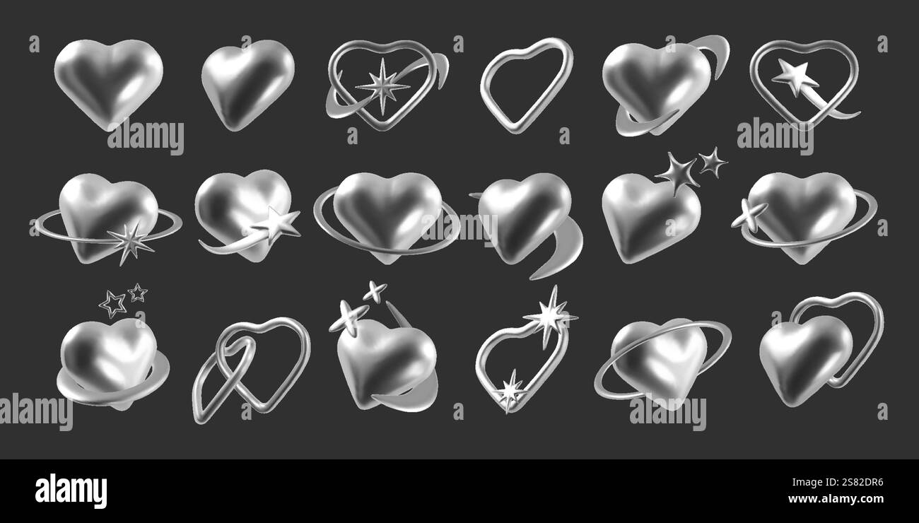 Chrome heart. 3d silver futuristic design, modern stylish star elements ...