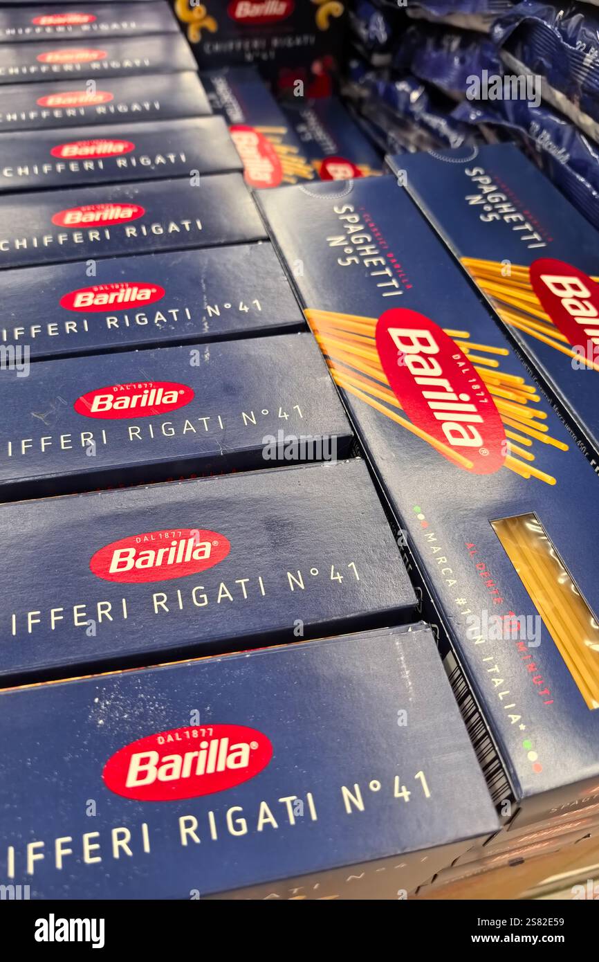 Bobruisk, Belarus - January 12, 2025: Brightly colored pasta boxes fill ...