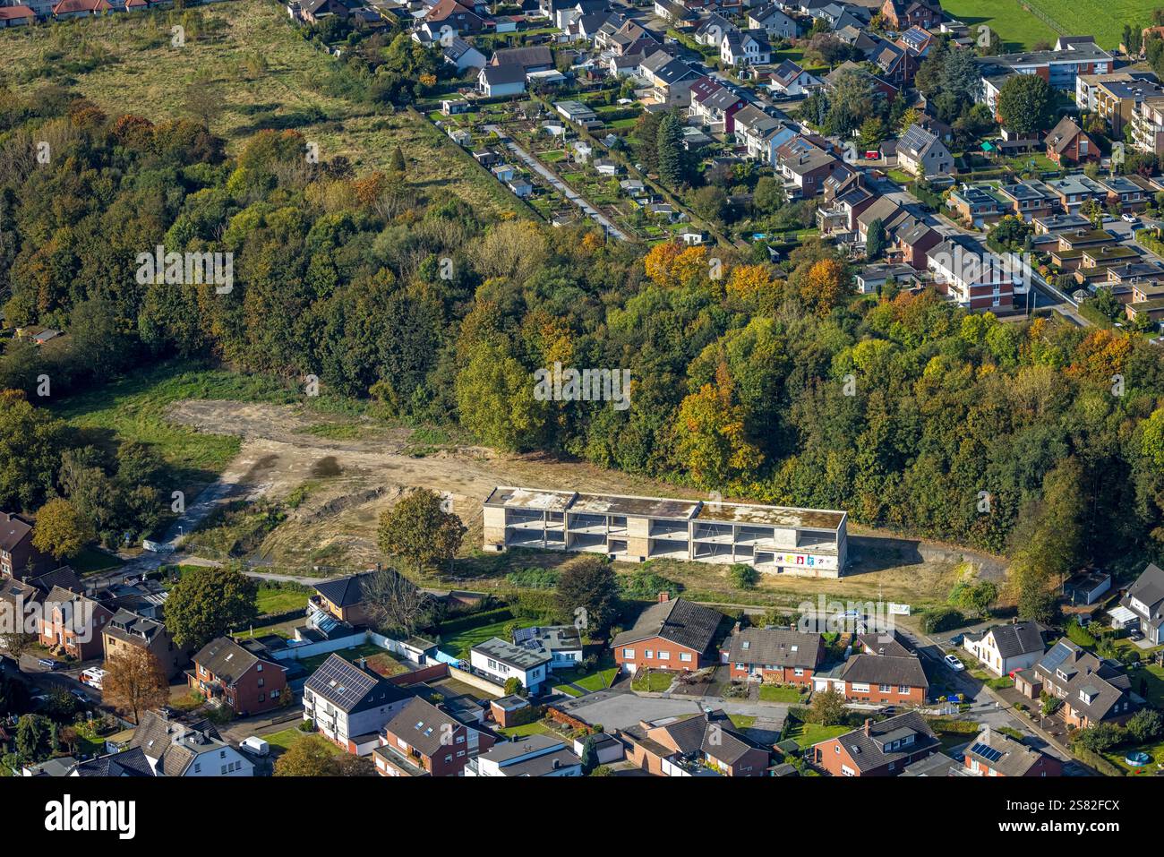 Aerial view, lost place, wasteland and dilapidated building former ...