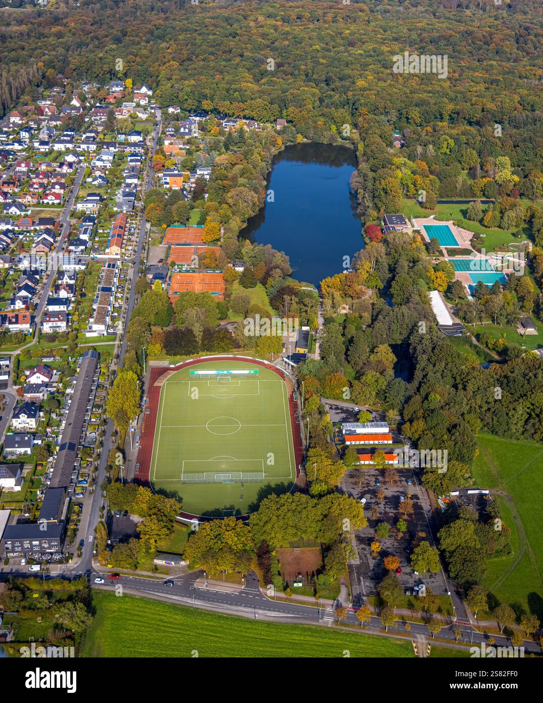 Aerial view, soccer stadium TuS Westfalia Wethmar e.V. and athletics ...