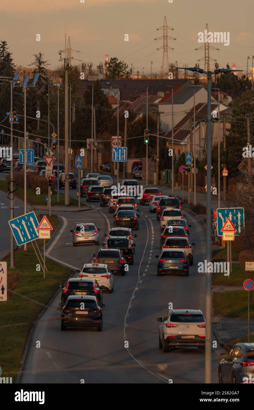Traffic jam in sunset evening color in Vinohrady part of capital in ...
