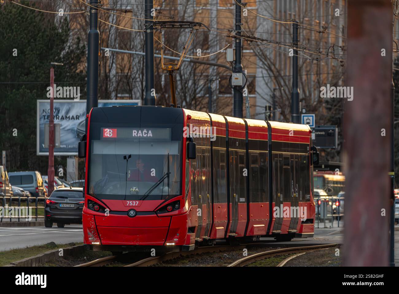Red trams in Vinohrady part of capital of Slovakia in winter evening in ...