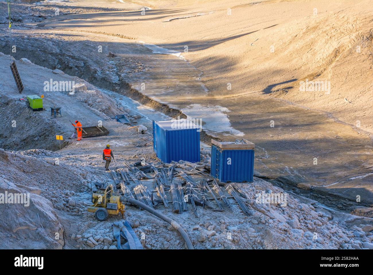 Barcis, Italy – January 18 2025. Lago di Barcis artificial lake drained ...