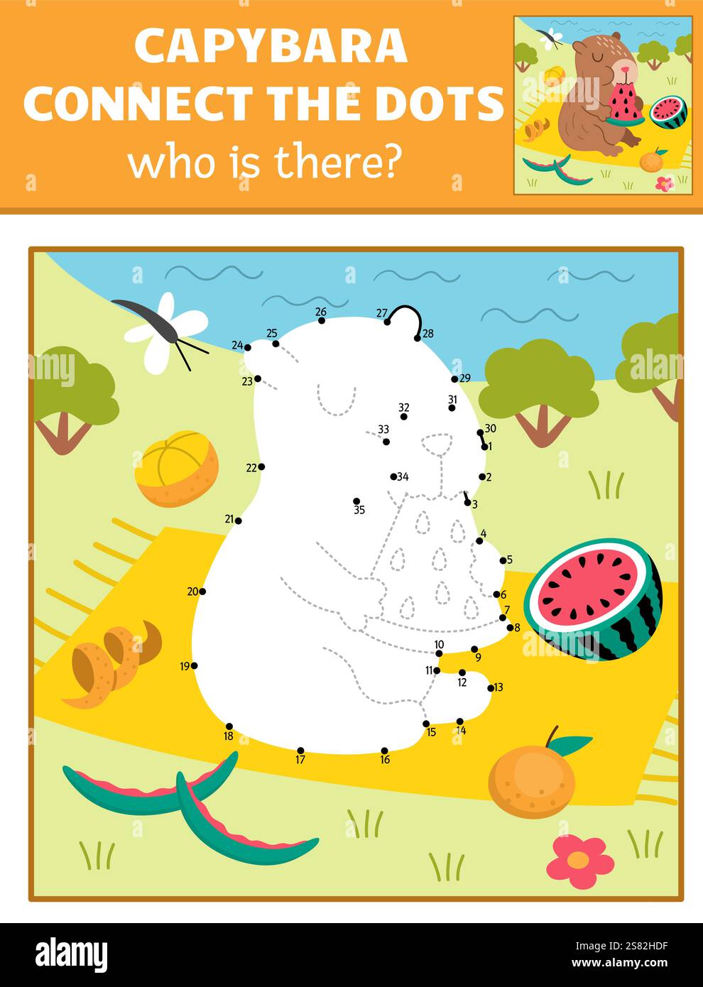 Vector capybara dot-to-dot and color activity with cute animal eating ...