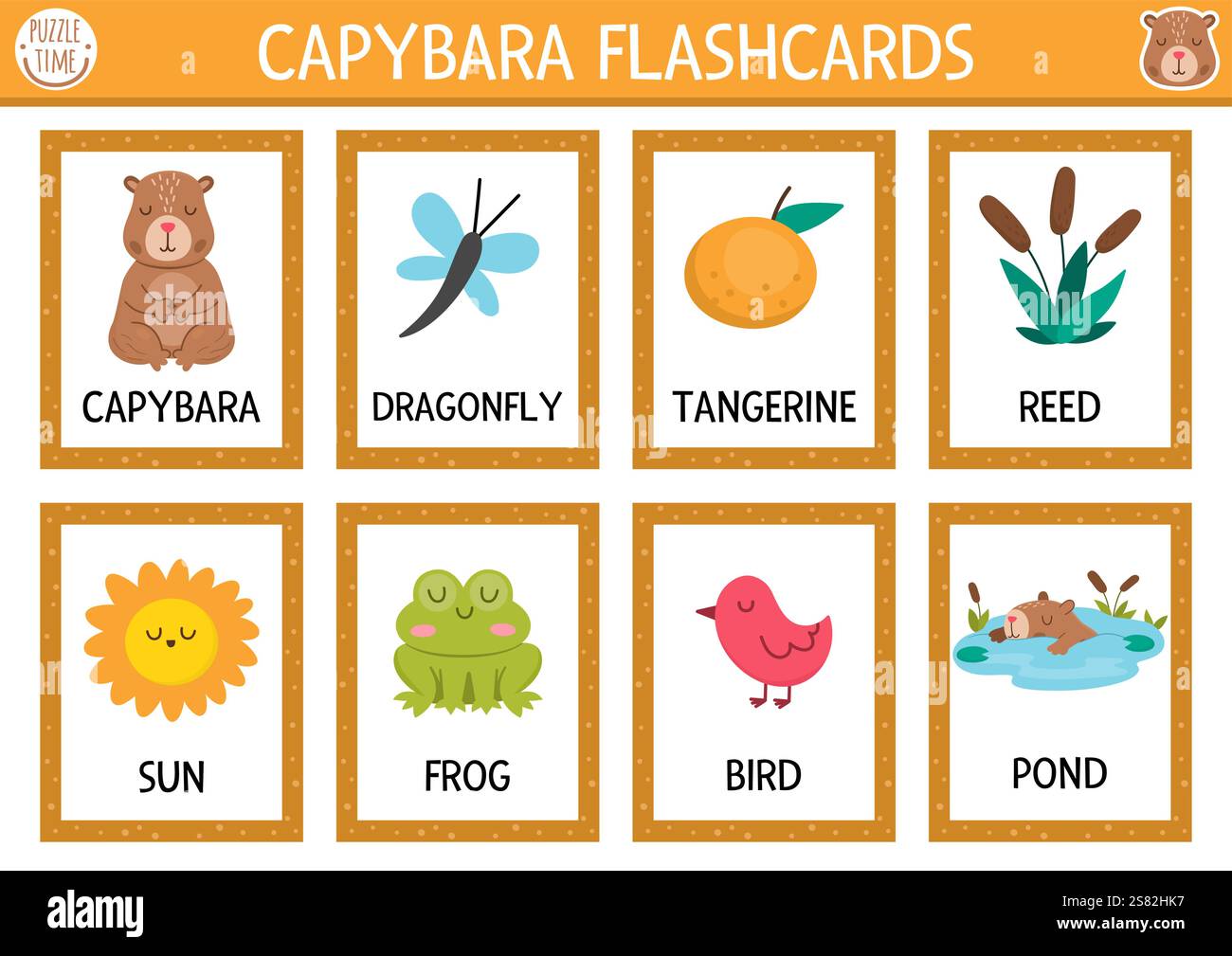 Vector capybara flash cards set with dragonfly, tangerine, frog, sun ...