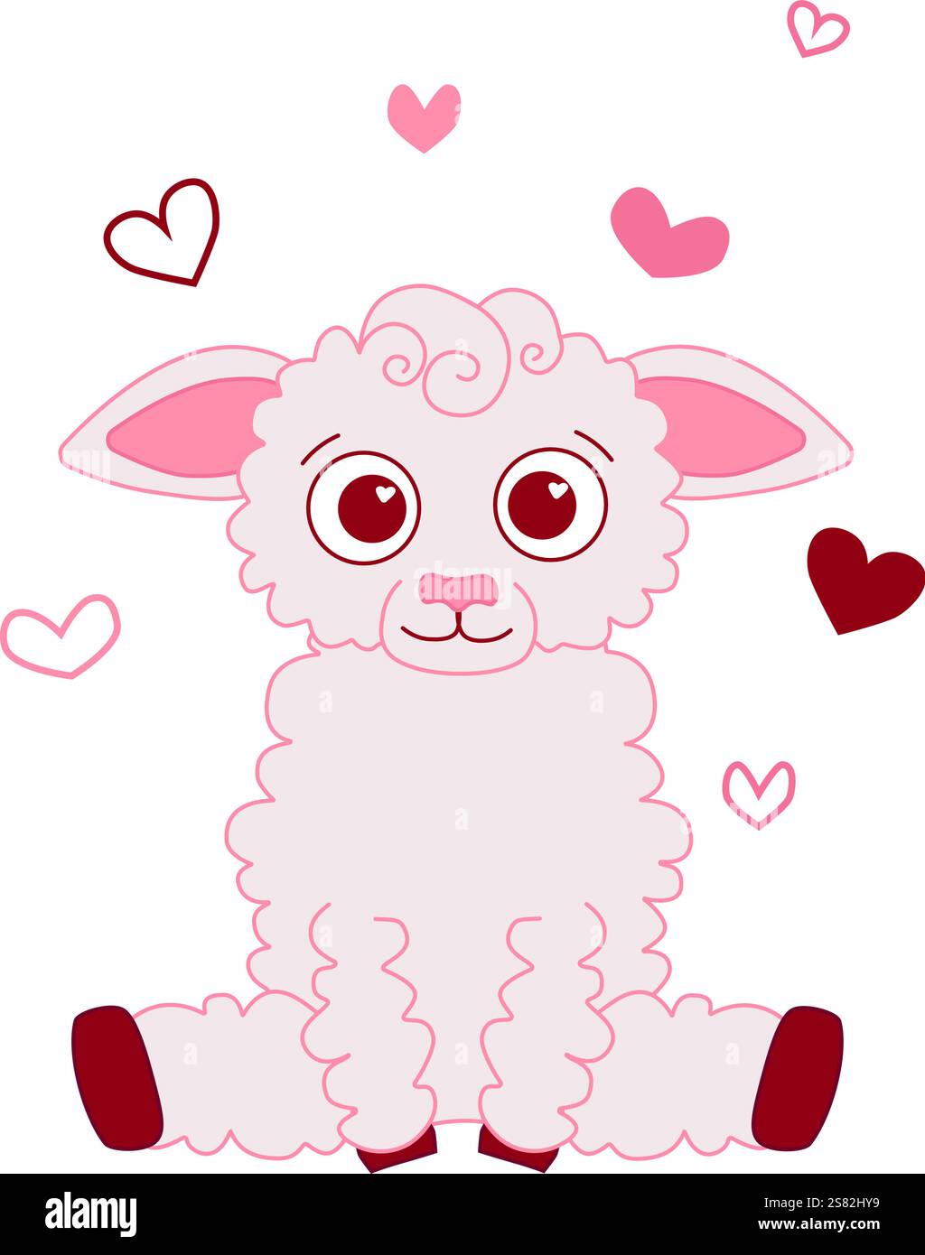 Cute sheep with hearts pink vector graphic line illustration. isolates ...