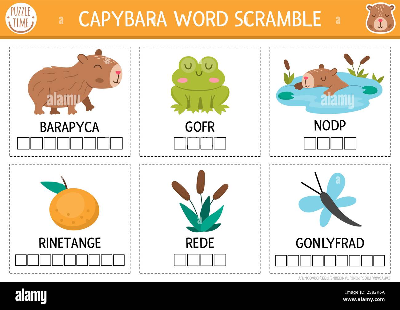Vector capybara word scramble activity cards set. English language game ...