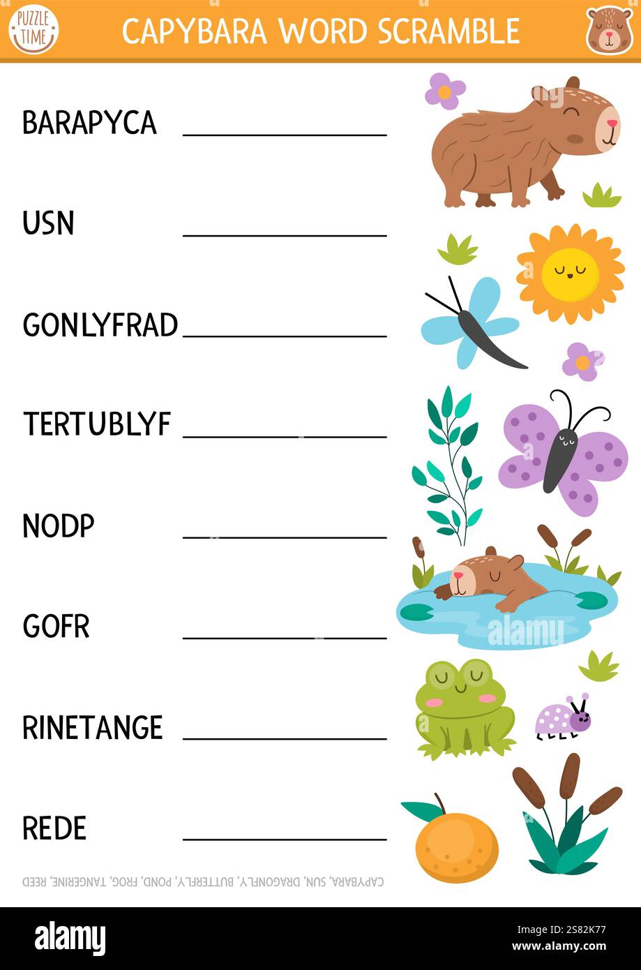 Vector capybara word scramble activity page. English language game with ...