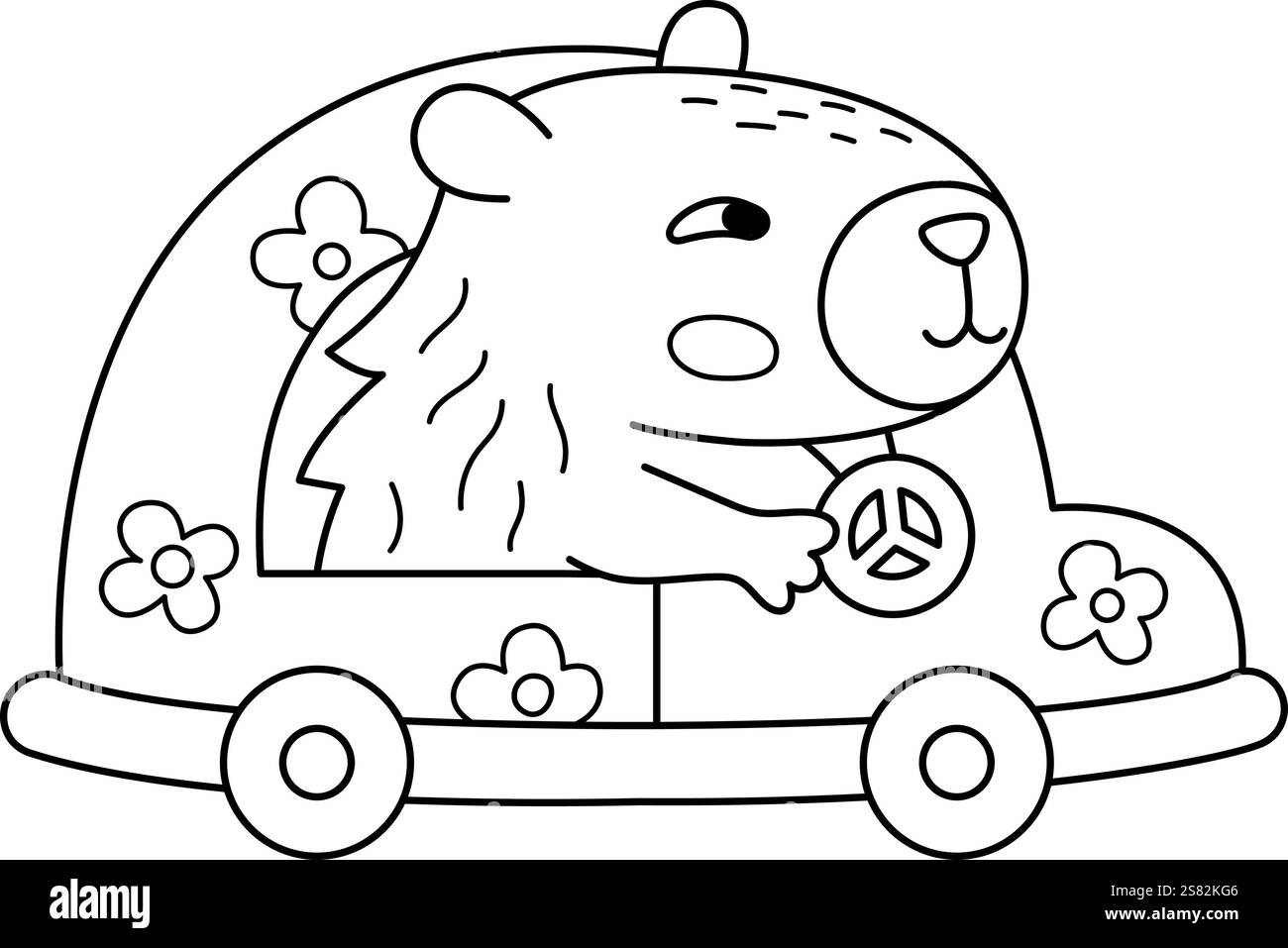 Vector black and white capybara icon. Cute line capibara driving car ...