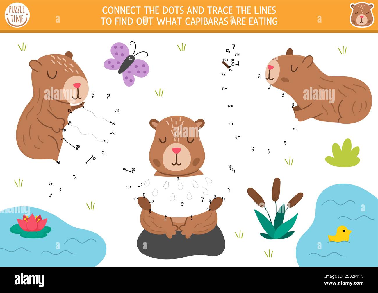 Vector capybara dot-to-dot and color activity with cute animals eating ...