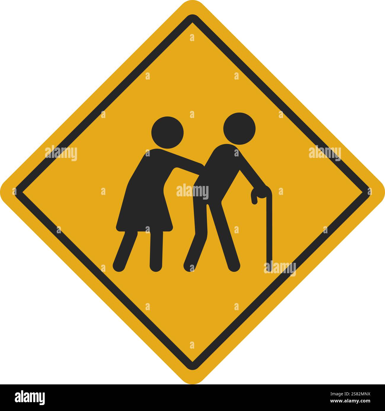 Yellow warning sign for aged care or elderly people crossing the road ...
