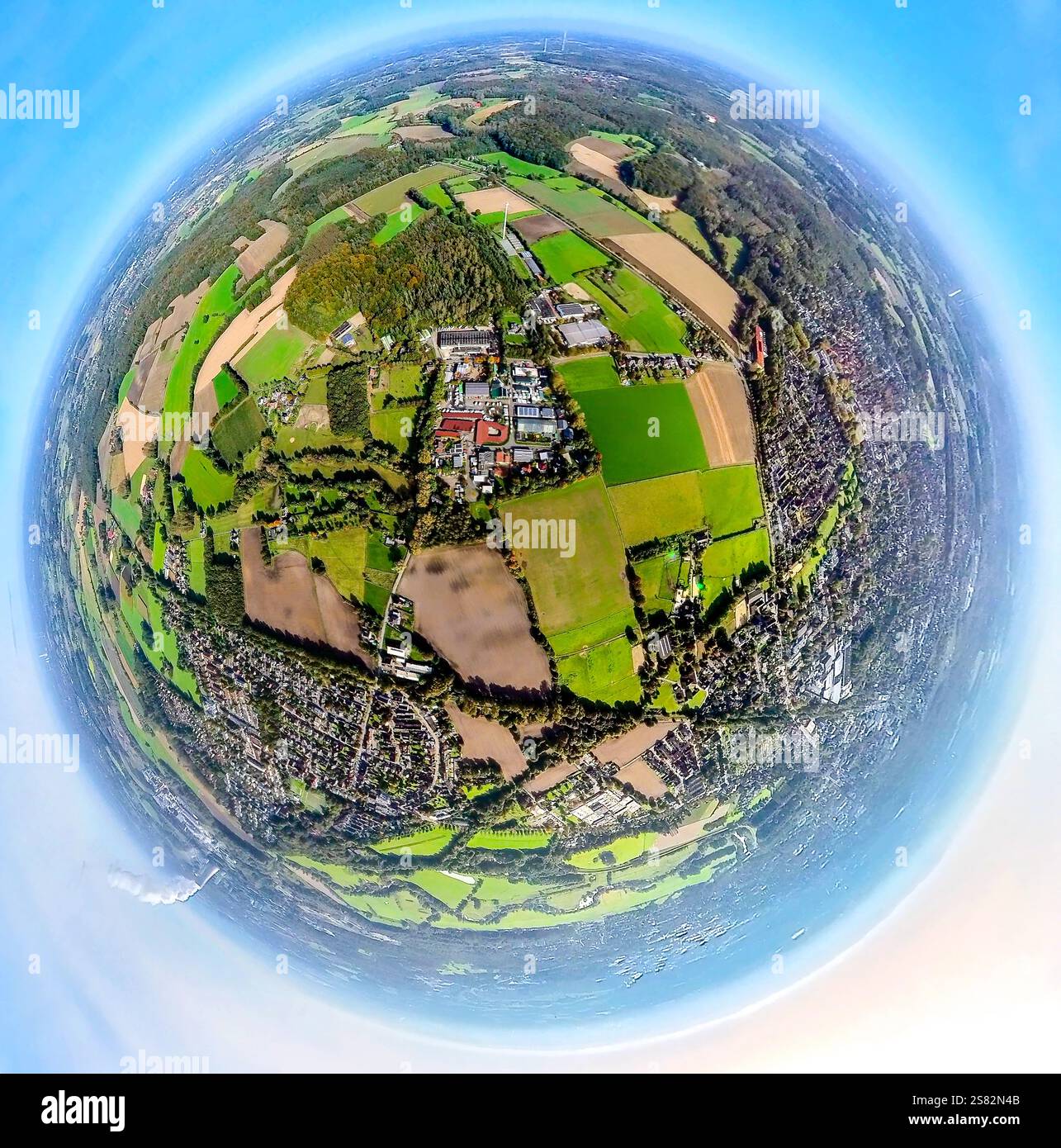 Aerial view, Römerweg industrial estate, surrounded by green meadows ...