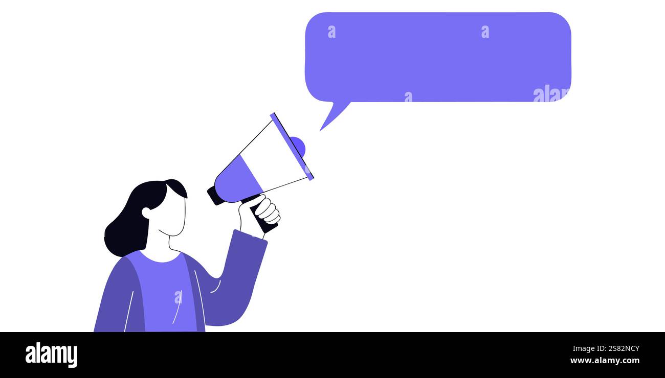 Woman speaking in megaphone, standing with loudspeaker, signaling an ...