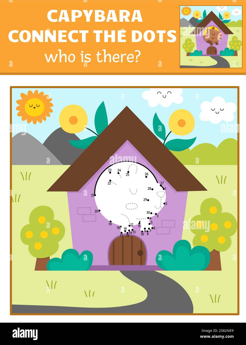 Vector capybara dot-to-dot and color activity with cute animal hiding ...