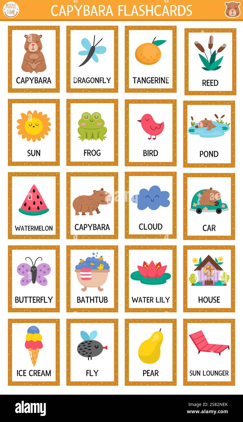 Vector big capybara flash cards set with butterfly, watermelon, cloud ...
