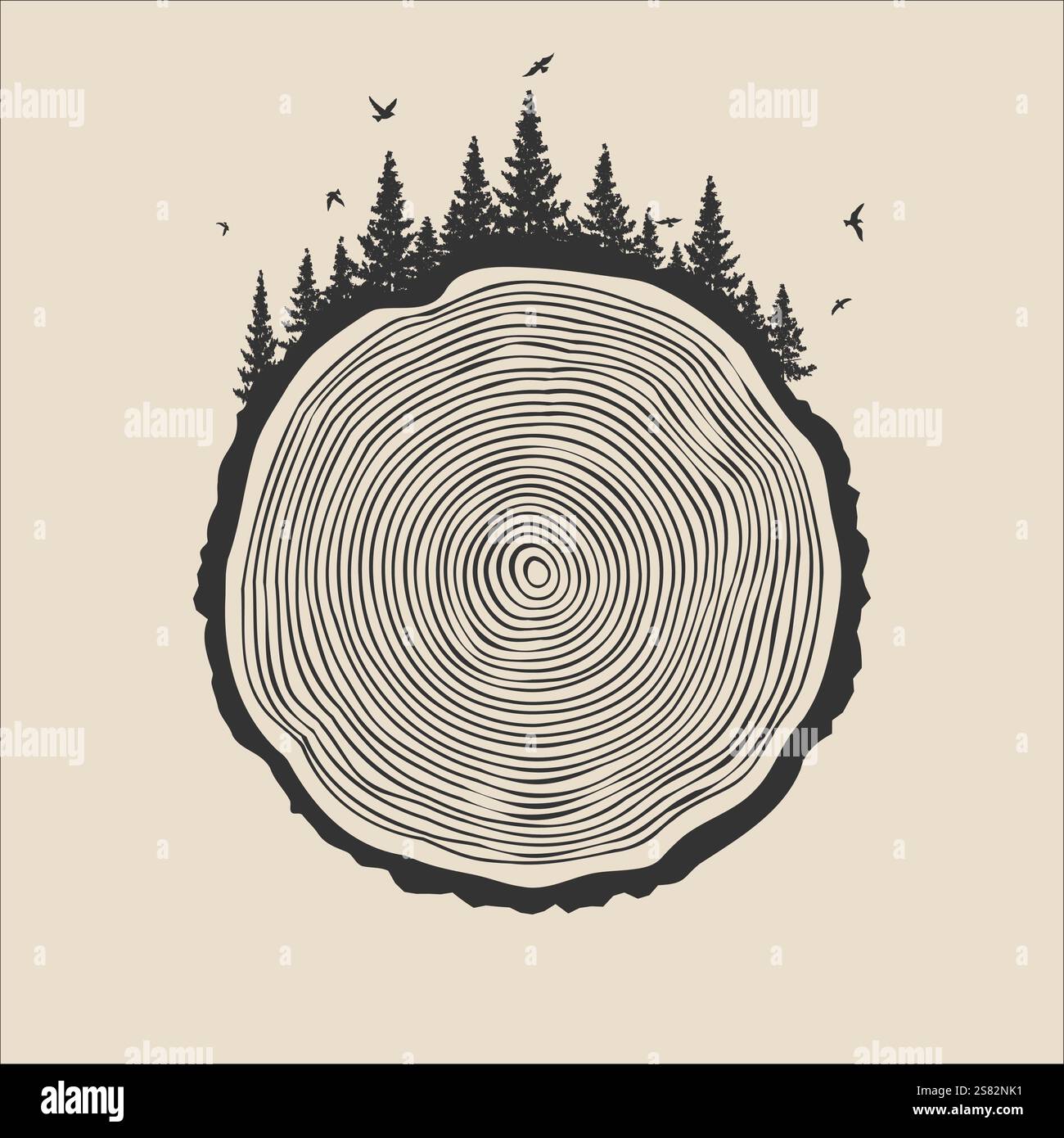 Round tree trunk cut with trees, forest and birds. Sawn pine or oak ...