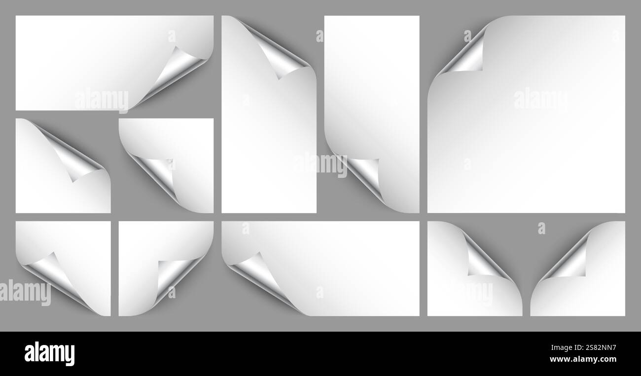 Realistic silver curled page corner set. Greeting card design element ...