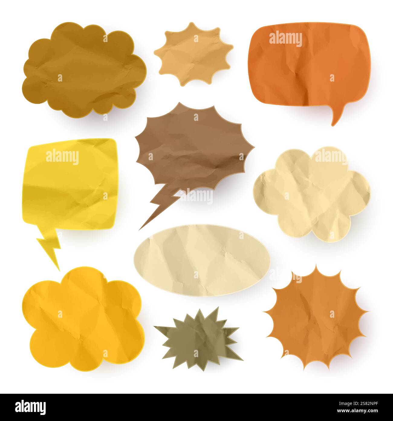 Crumpled brown paper comic speech bubbles. Hand drawn retro cartoon ...