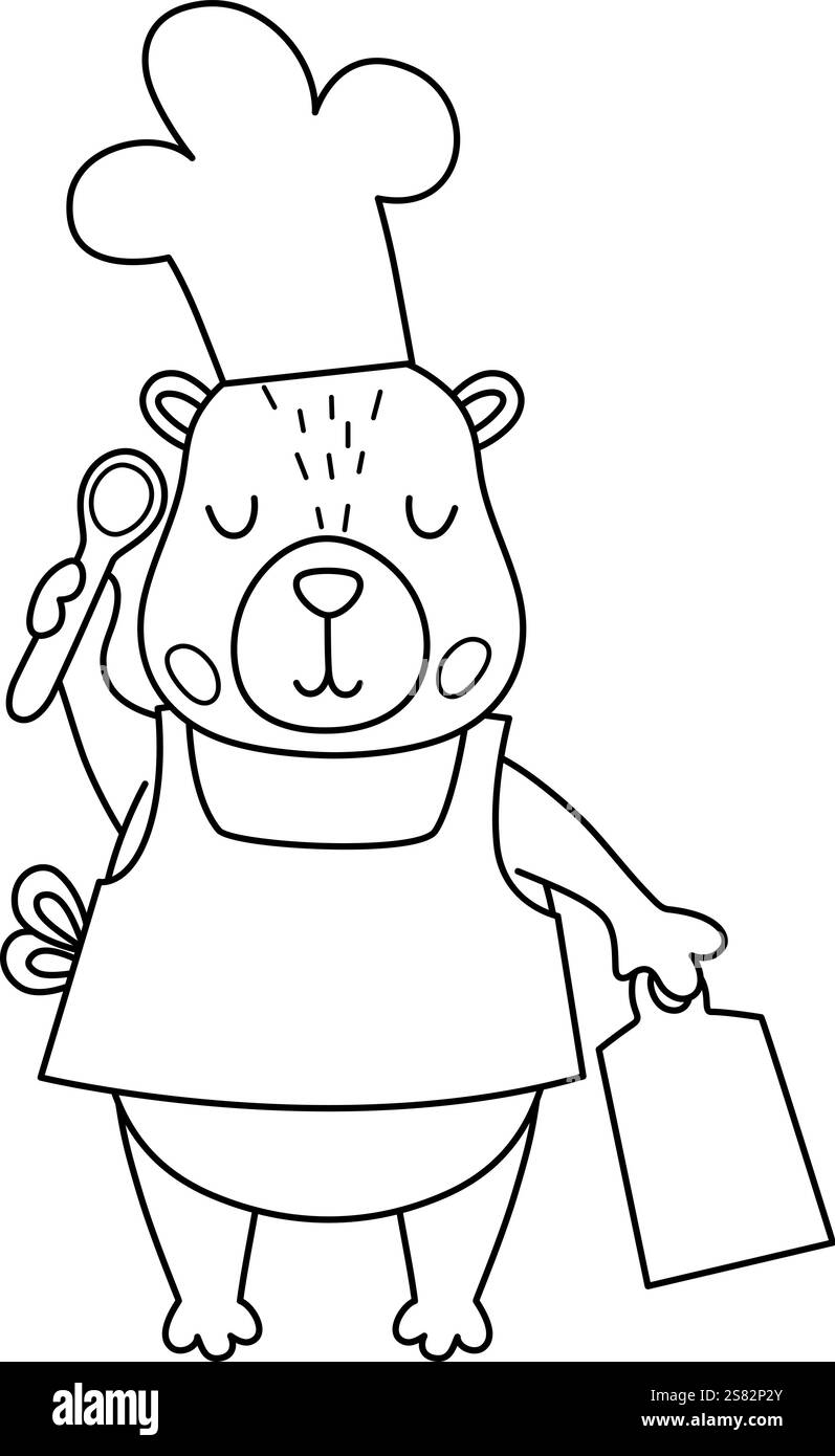 Vector black and white capybara icon. Cute line capibara cook in apron ...