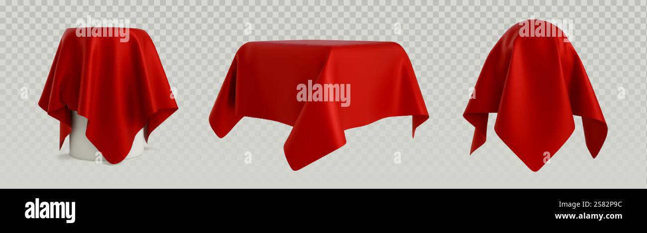 Red cloth reveal mockup set - silky fabric with elegant folds draped ...